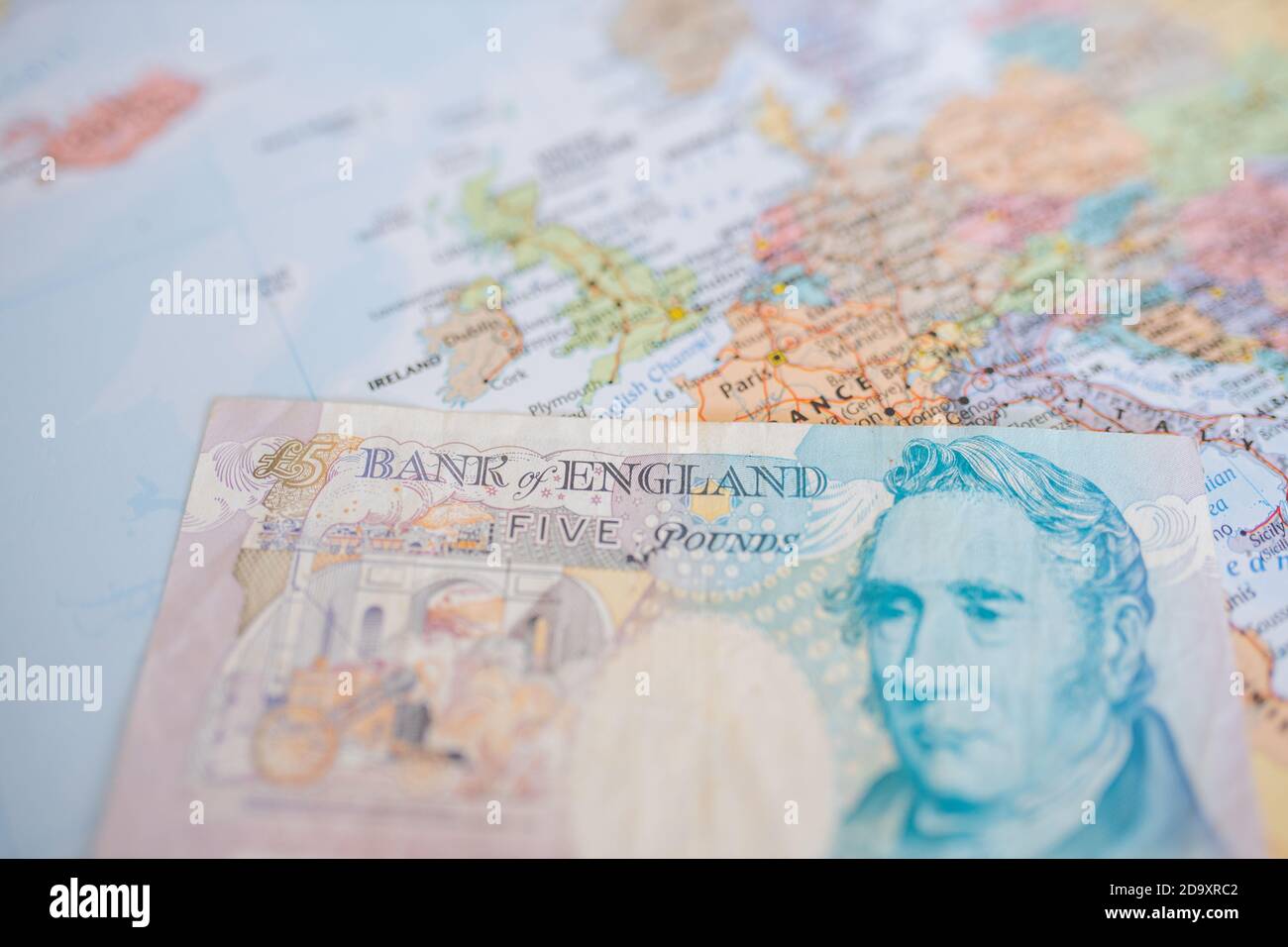 The United Kingdom on a European Map with a Five Pounds Banknote on Top ...