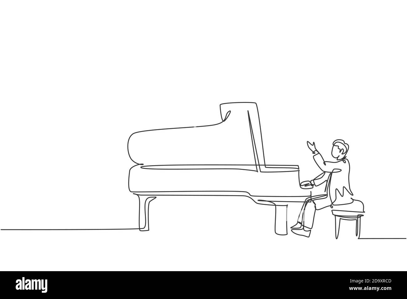 One single line drawing of young happy male pianist playing classic ...