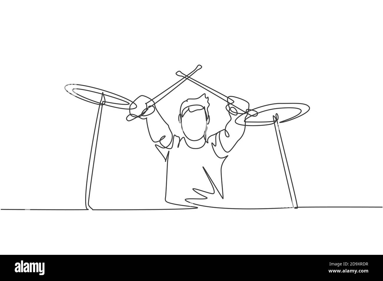 One single line drawing of young male drummer crossing the drumstick ...