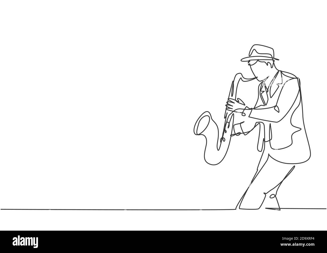 One continuous line drawing young happy male saxophonist with hat ...
