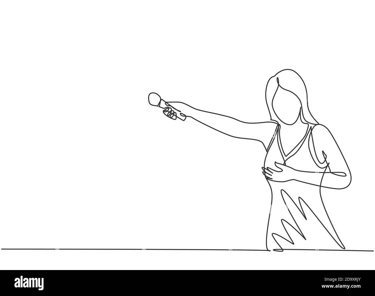 One continuous line drawing of young happy female singer hold ...