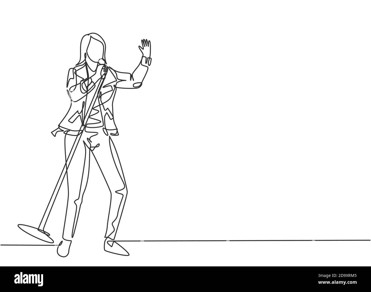 Single continuous line drawing of young happy lady rocker singer ...