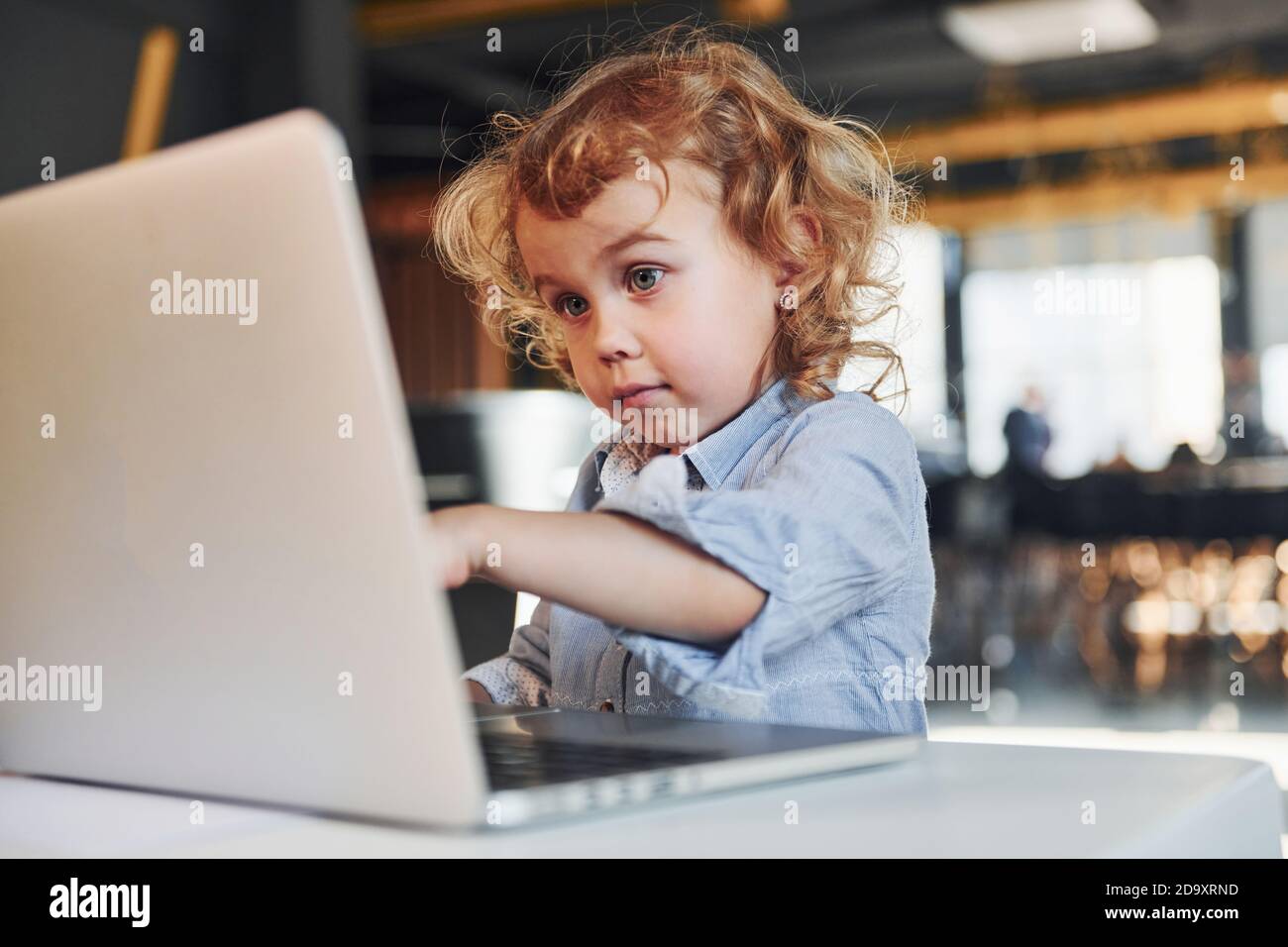 Smart child in casual clothes using laptop for education purposes or ...