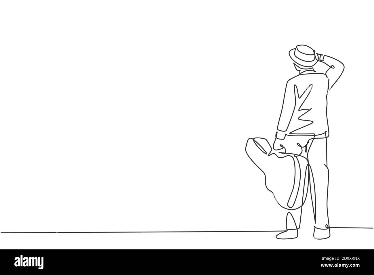 One single line drawing of young happy male guitarist standing and ...