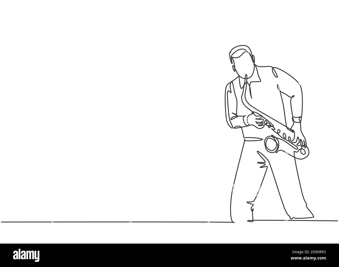 One continuous line drawing of young happy male saxophonist performing ...