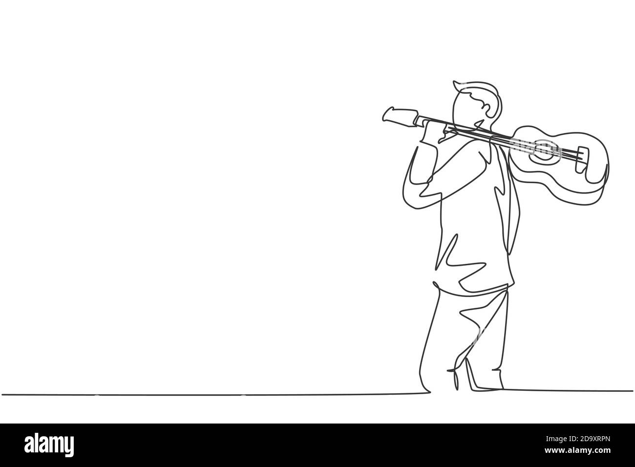 Single continuous line drawing young happy male guitarist walking while ...