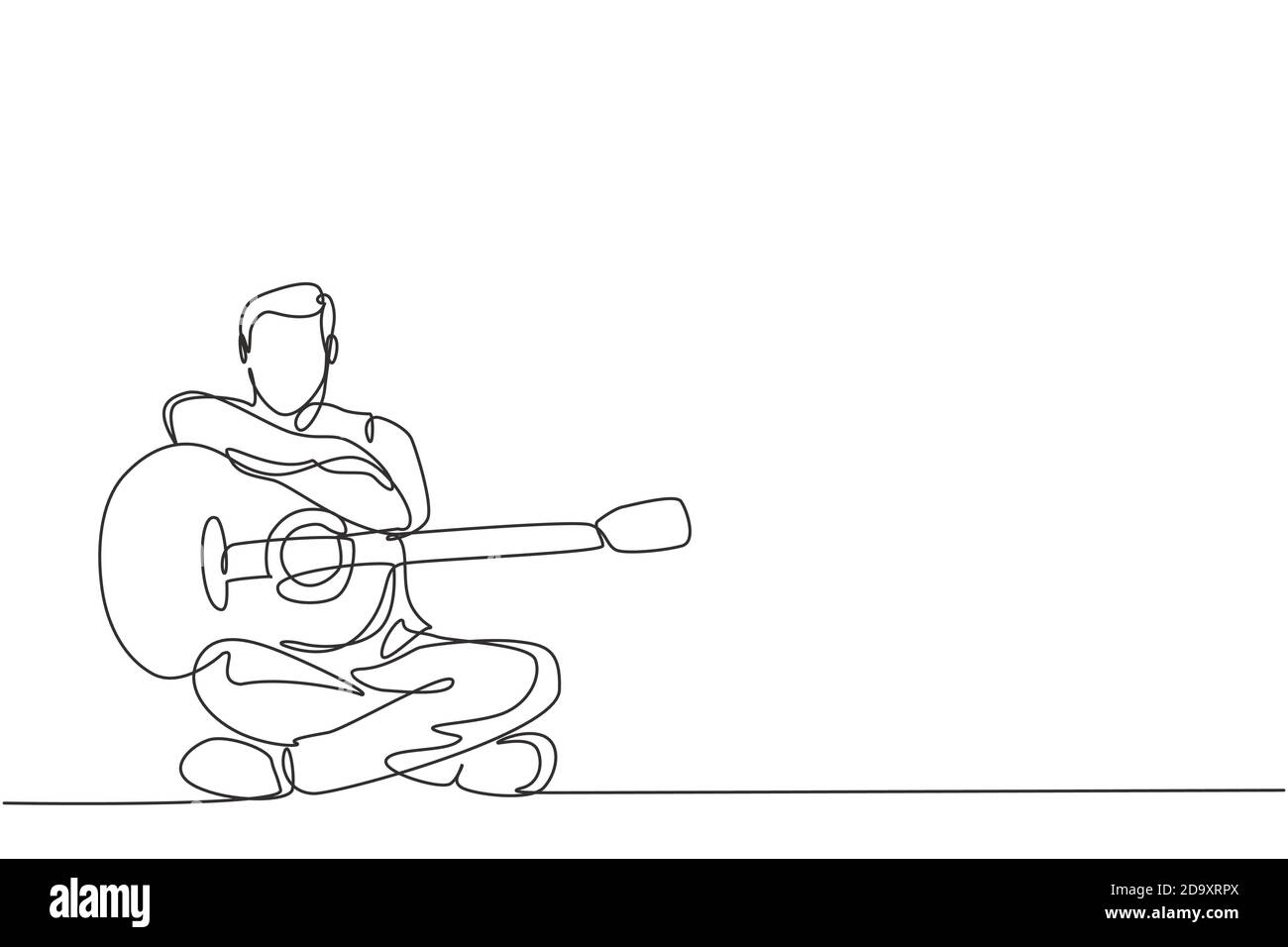 One continuous line drawing of young happy male guitarist posing after ...
