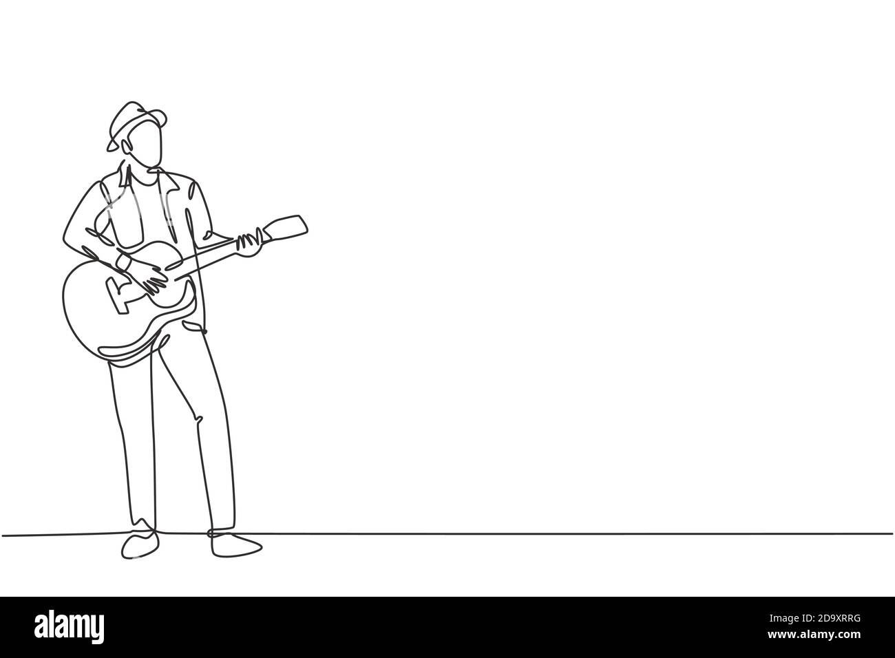 One continuous line drawing of young happy male guitarist wearing hat ...