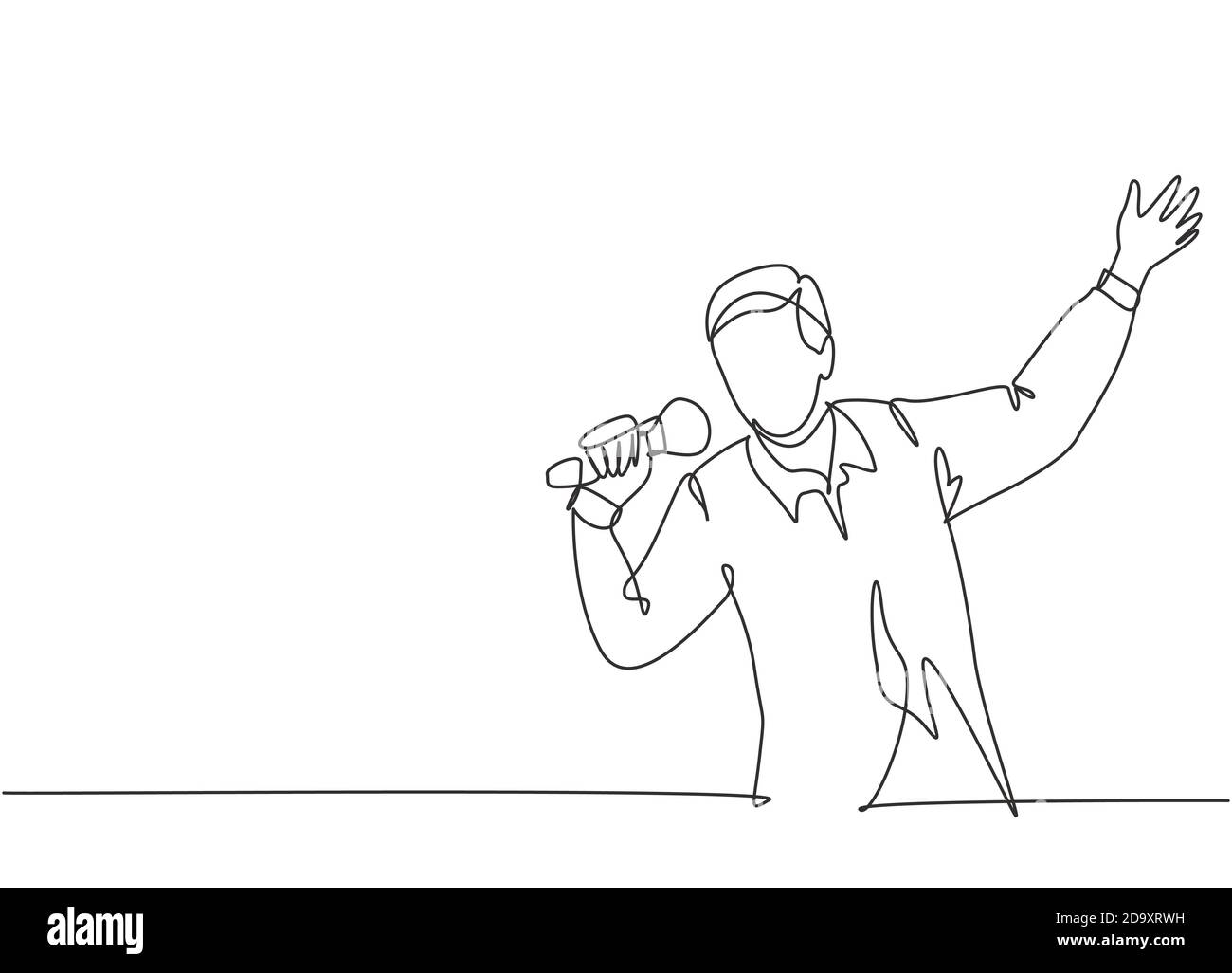 Single continuous line drawing of young happy male pop singer holding ...