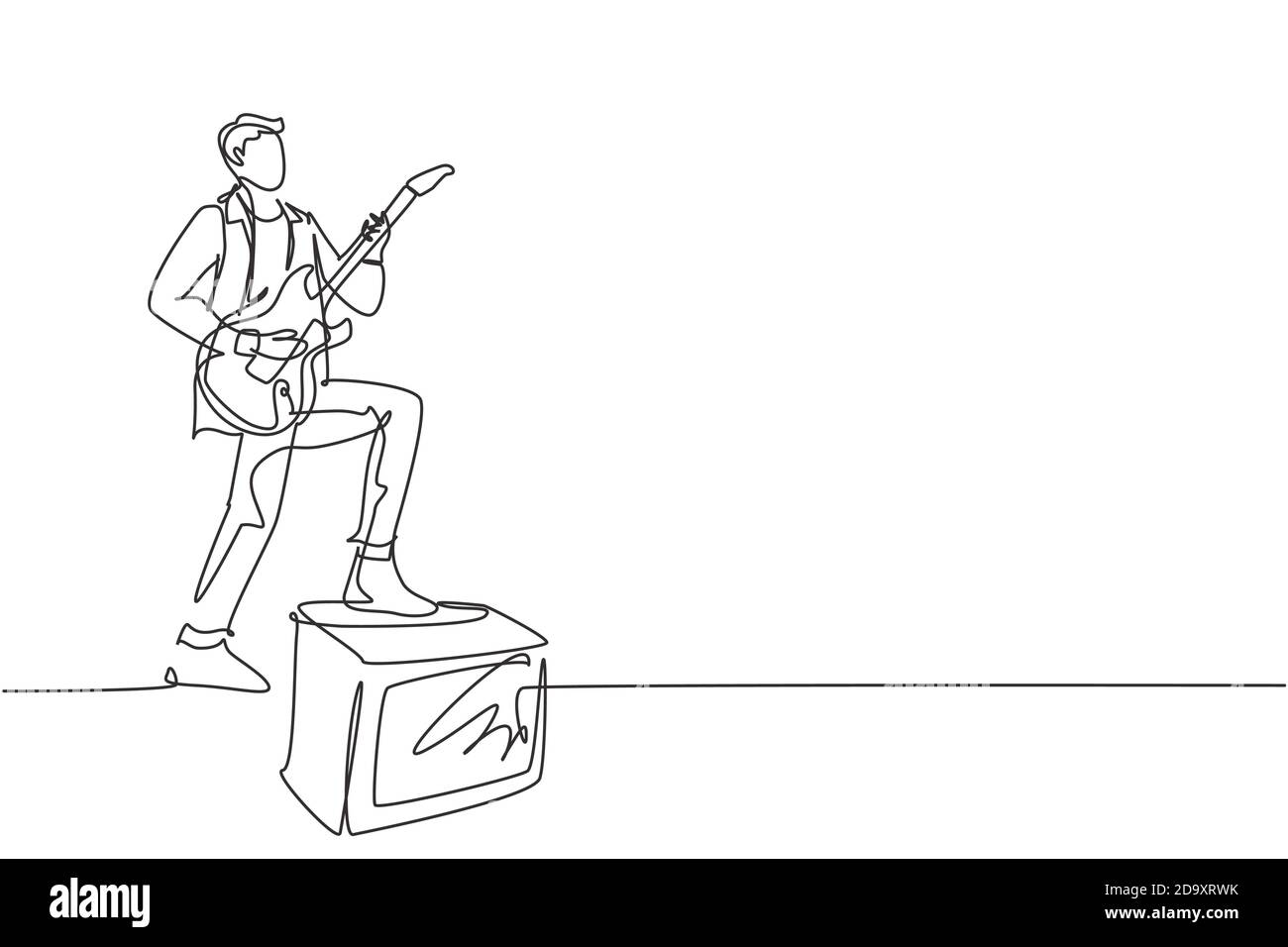 Single continuous line drawing of young happy male guitarist playing ...