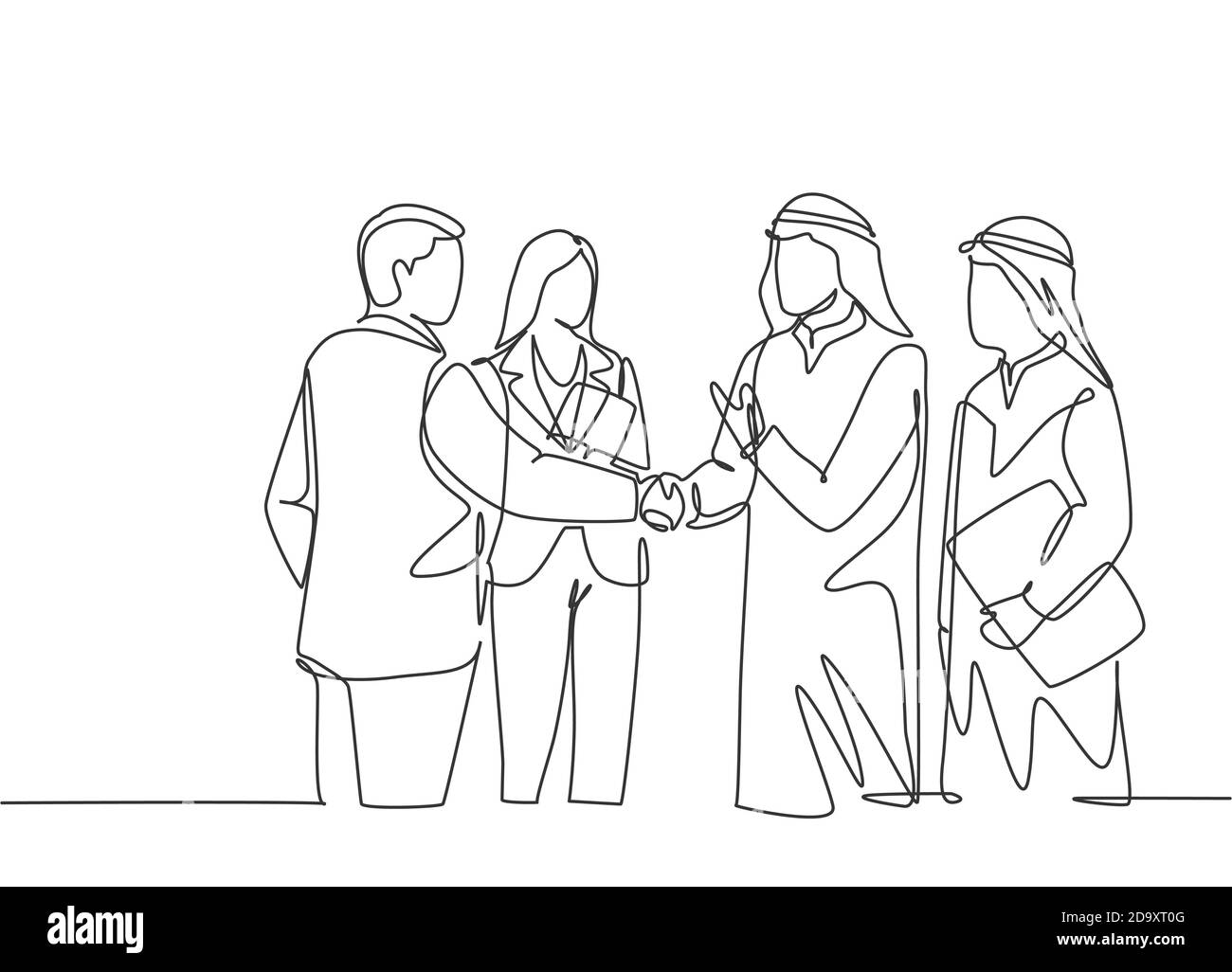 One continuous line drawing of young muslim business man handshake with ...