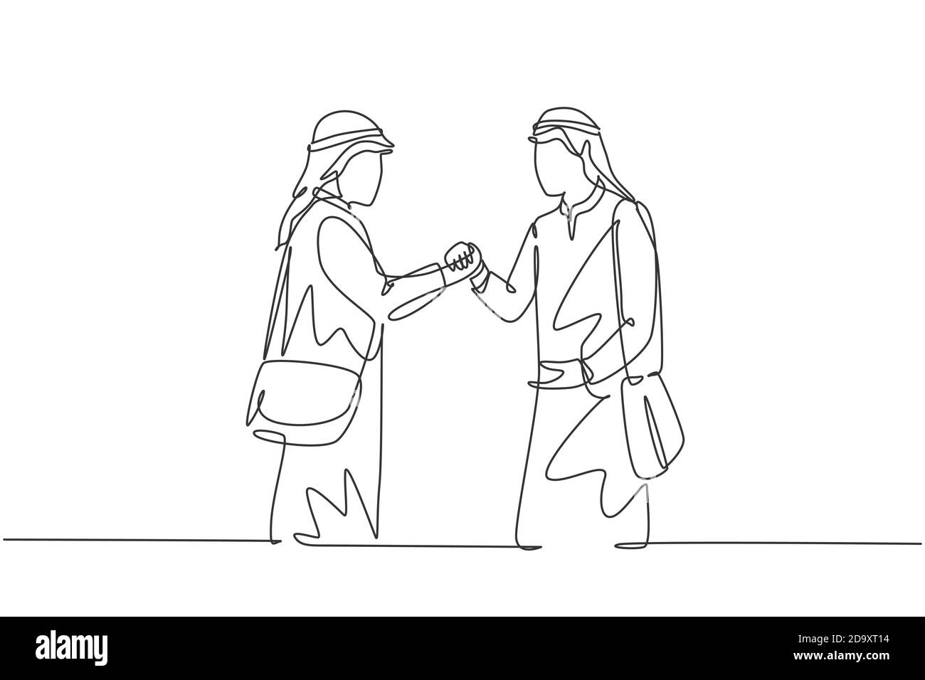 Single continuous line drawing of young muslim hook their hands ...