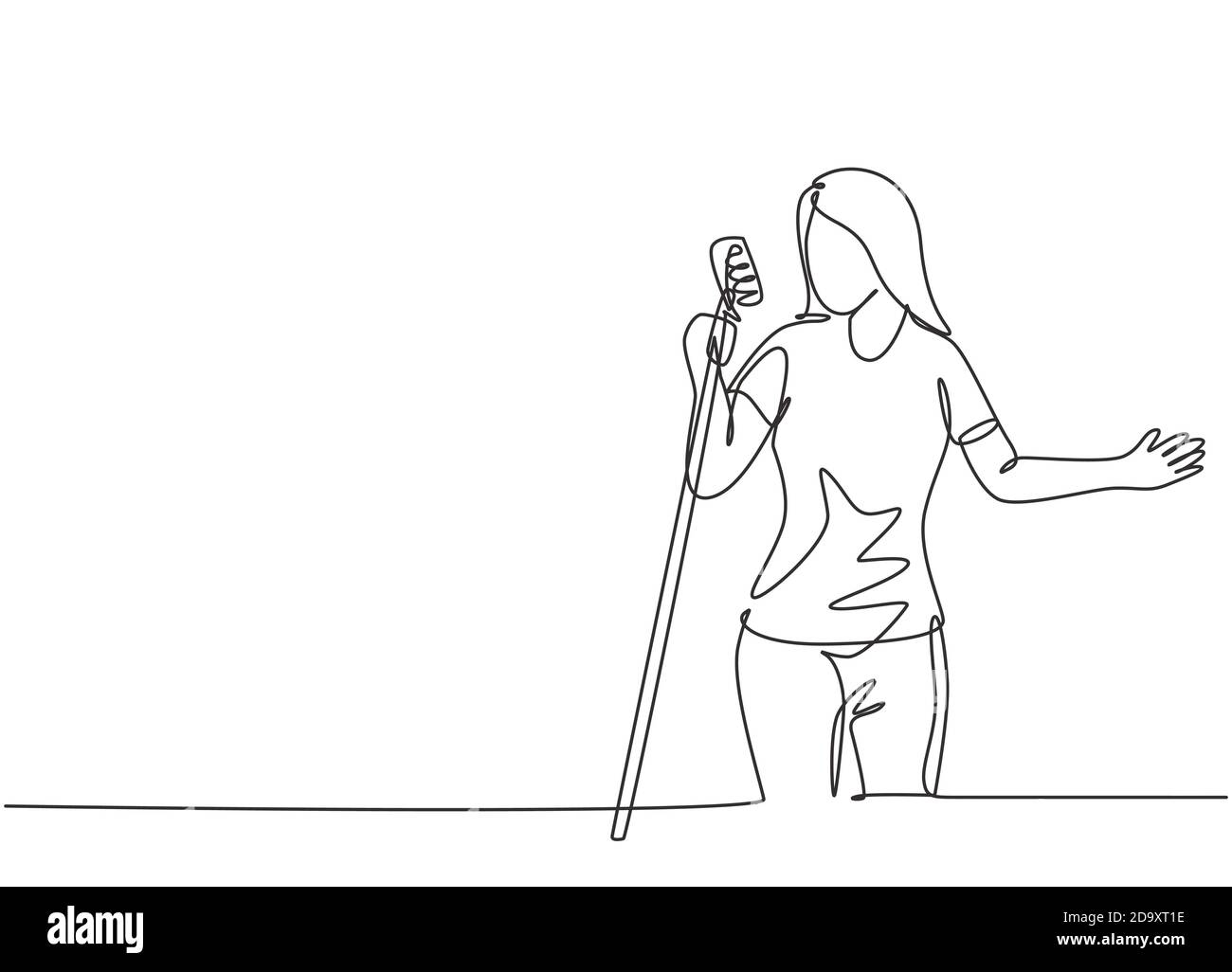 One single line drawing of young happy female singer holding a ...