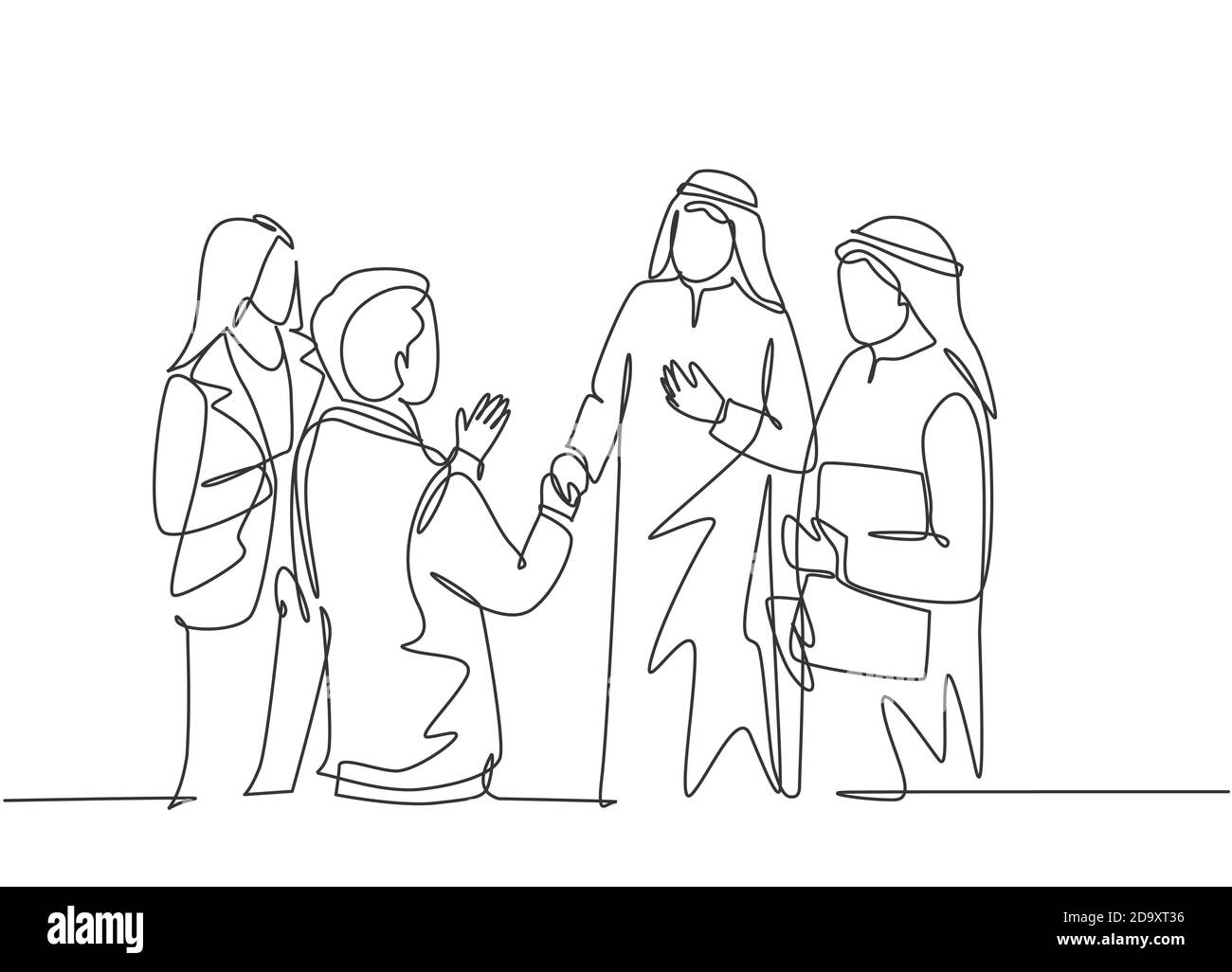 One continuous line drawing of young muslim business man do a meeting ...