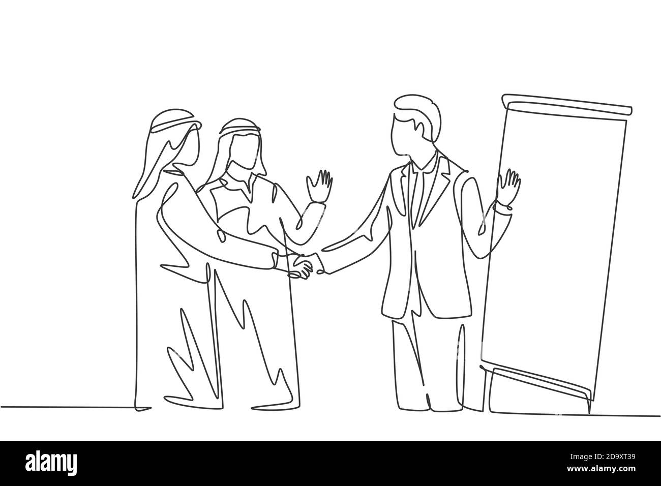 One continuous line drawing of young muslim business man handshake his ...