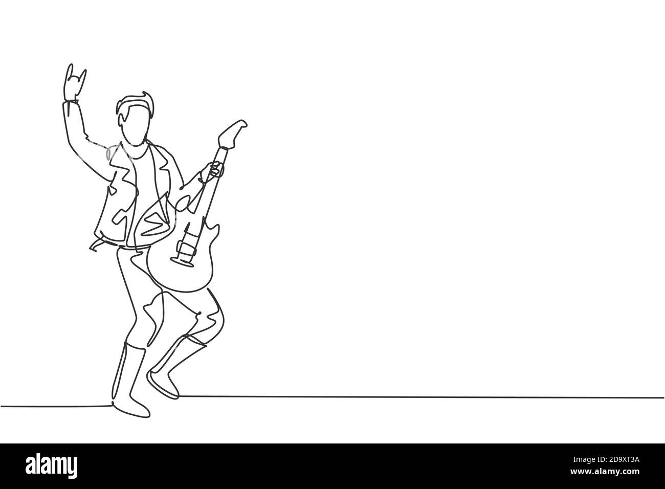 One single line drawing of young happy male guitarist playing electric ...