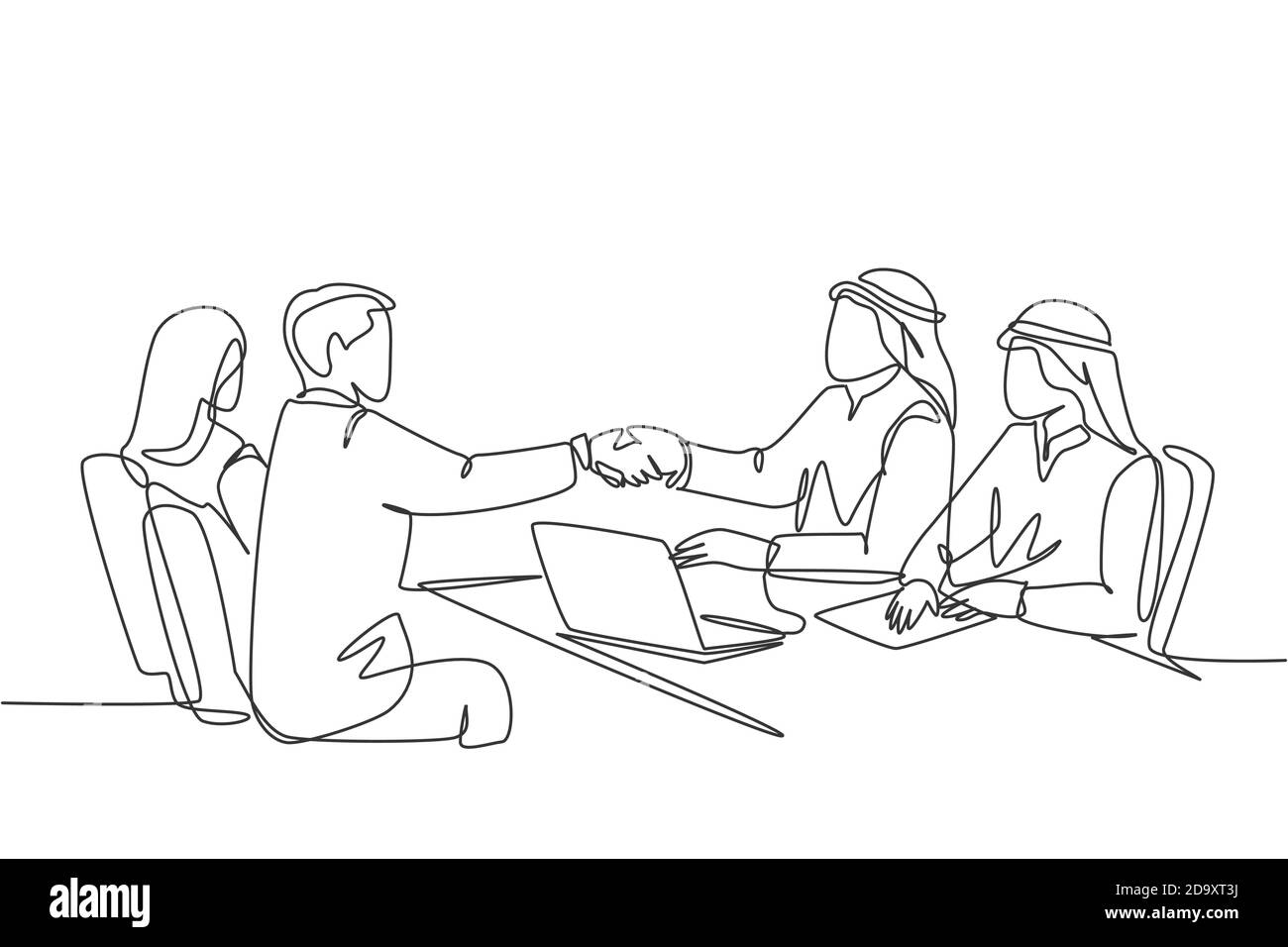 One continuous line drawing of young muslim business man handshake his ...
