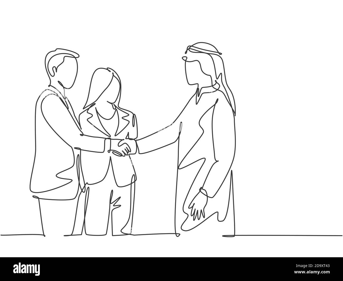 One continuous line drawing of young muslim business man handshake his ...