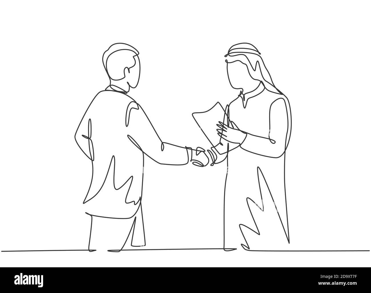 Single continuous line drawing of young muslim business man deal a ...