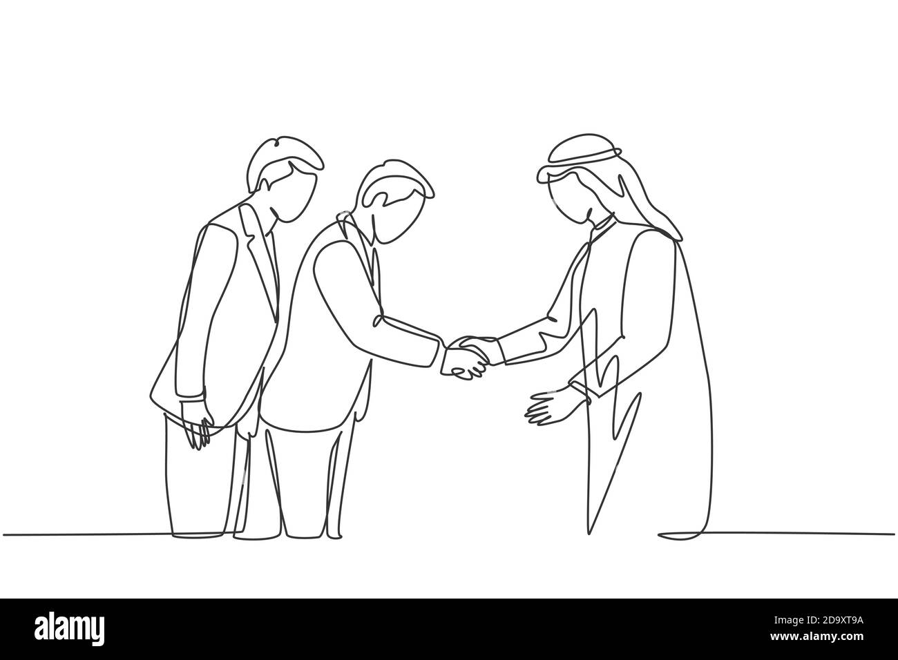 One continuous line drawing of young muslim business man bowing to his ...