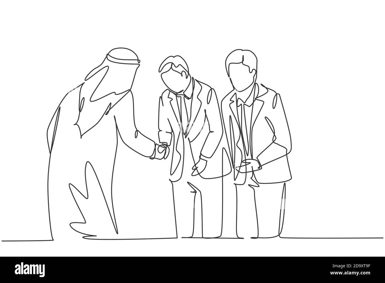 One continuous line drawing of young muslim businessman take bow to ...