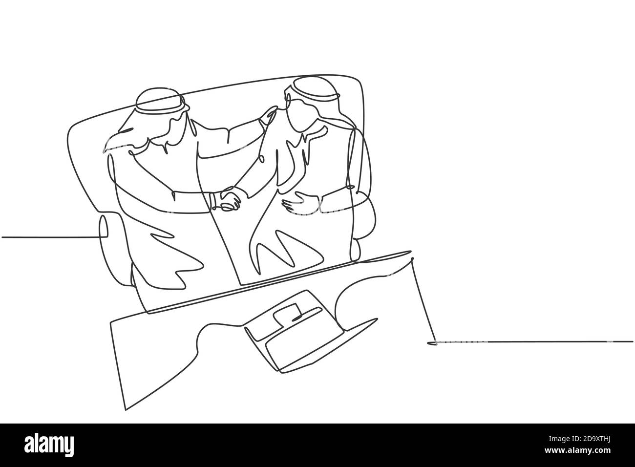 One continuous line drawing of young muslim business man handshake to ...