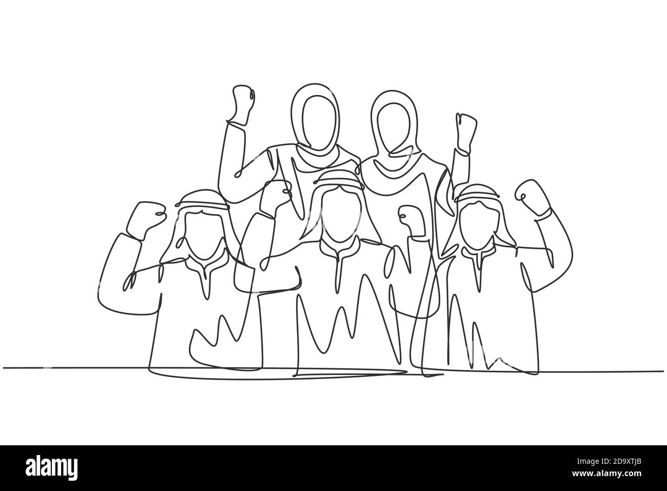 Single continuous line drawing of young muslim sales team celebrate ...