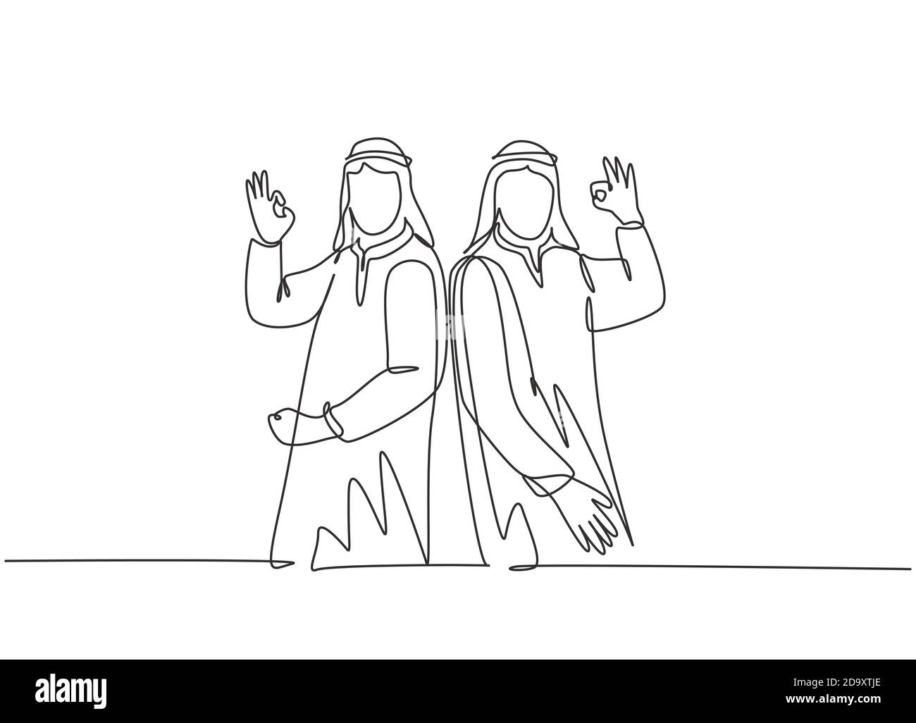 One single line drawing of young happy muslim employees give OK alright ...