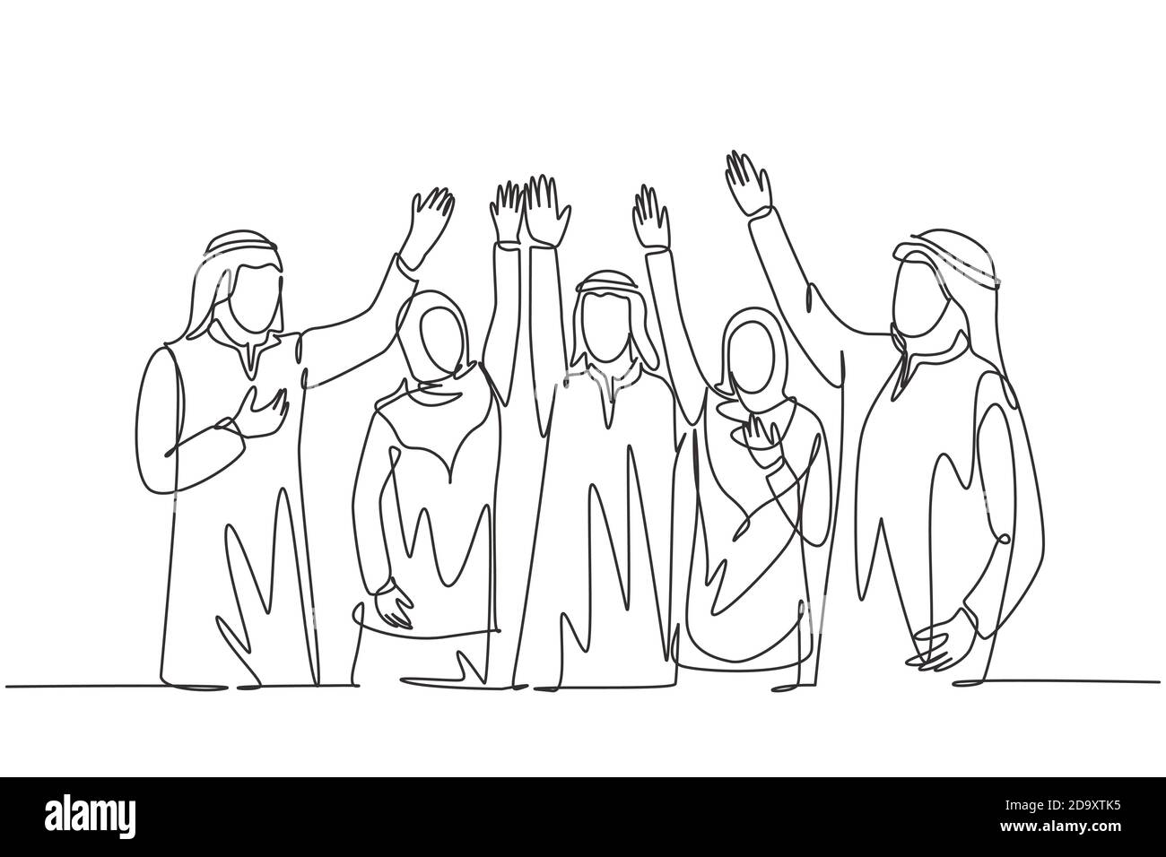 Single continuous line drawing of young muslim business man raising ...