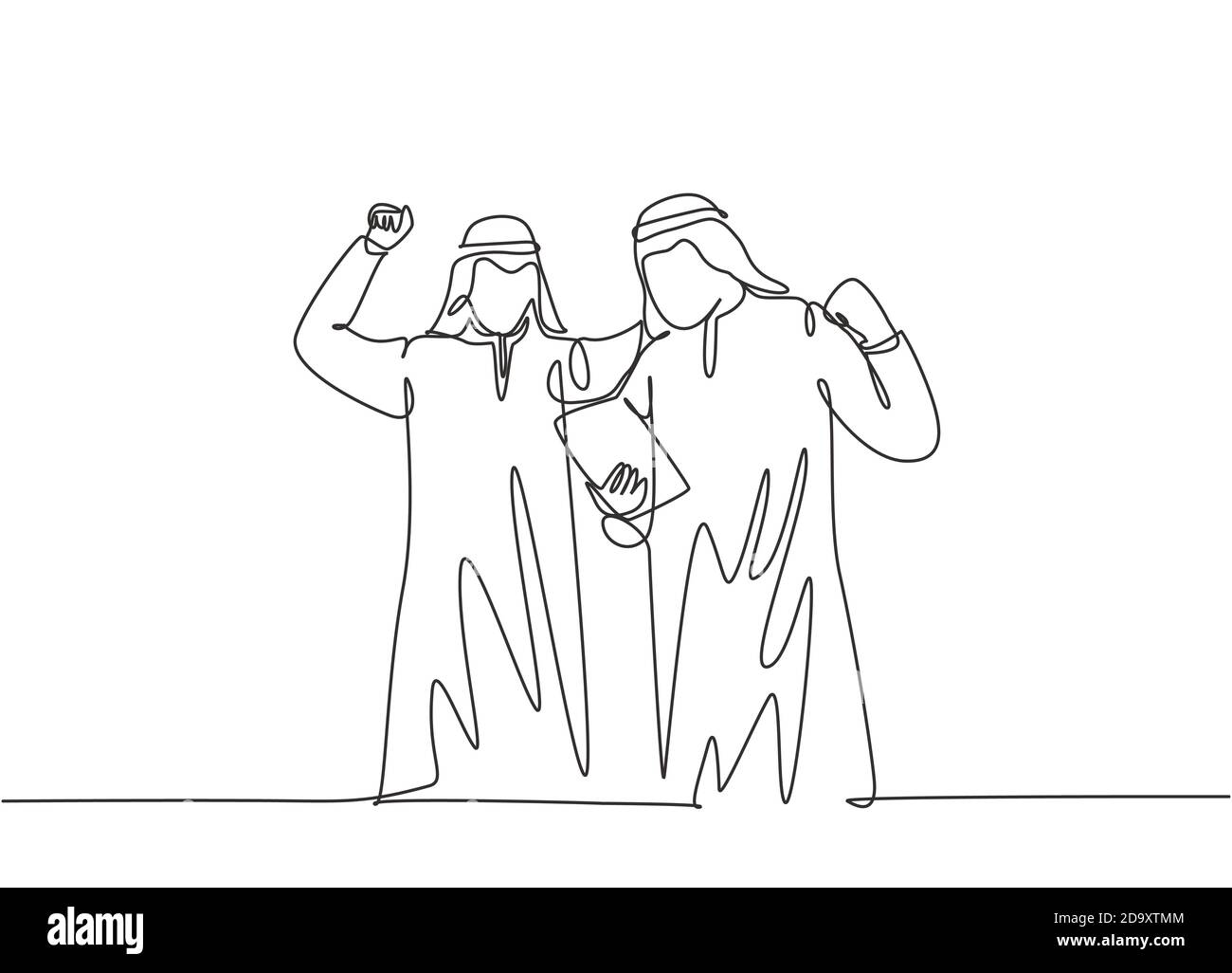 One single line drawing of young happy muslim sales manager celebrate ...