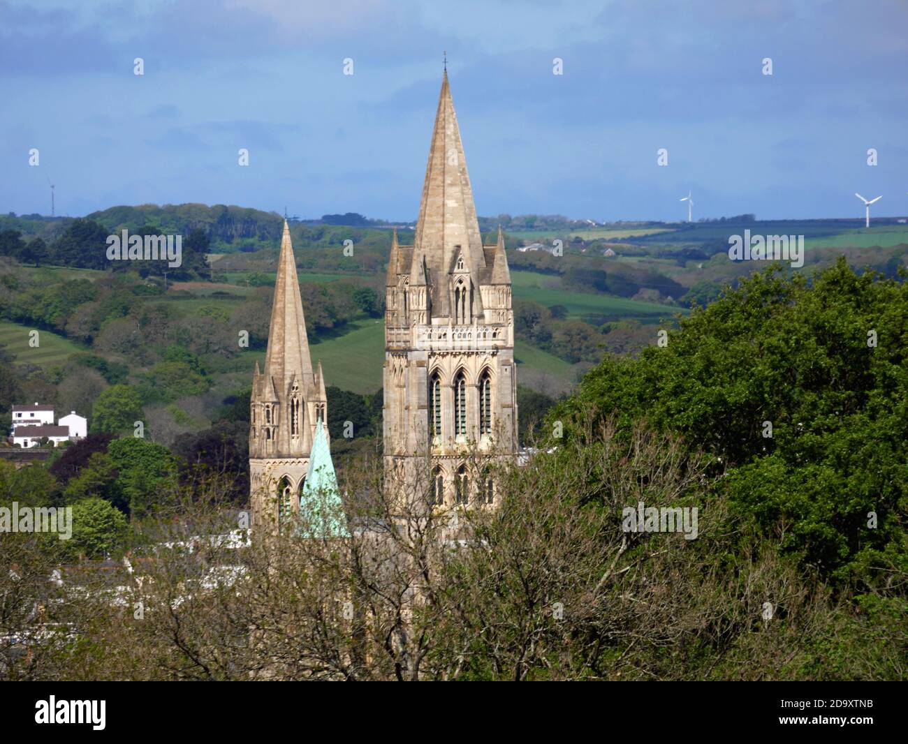 The towers of Truro Cathedral, Cornwall, seen from St Clement's Hill ...