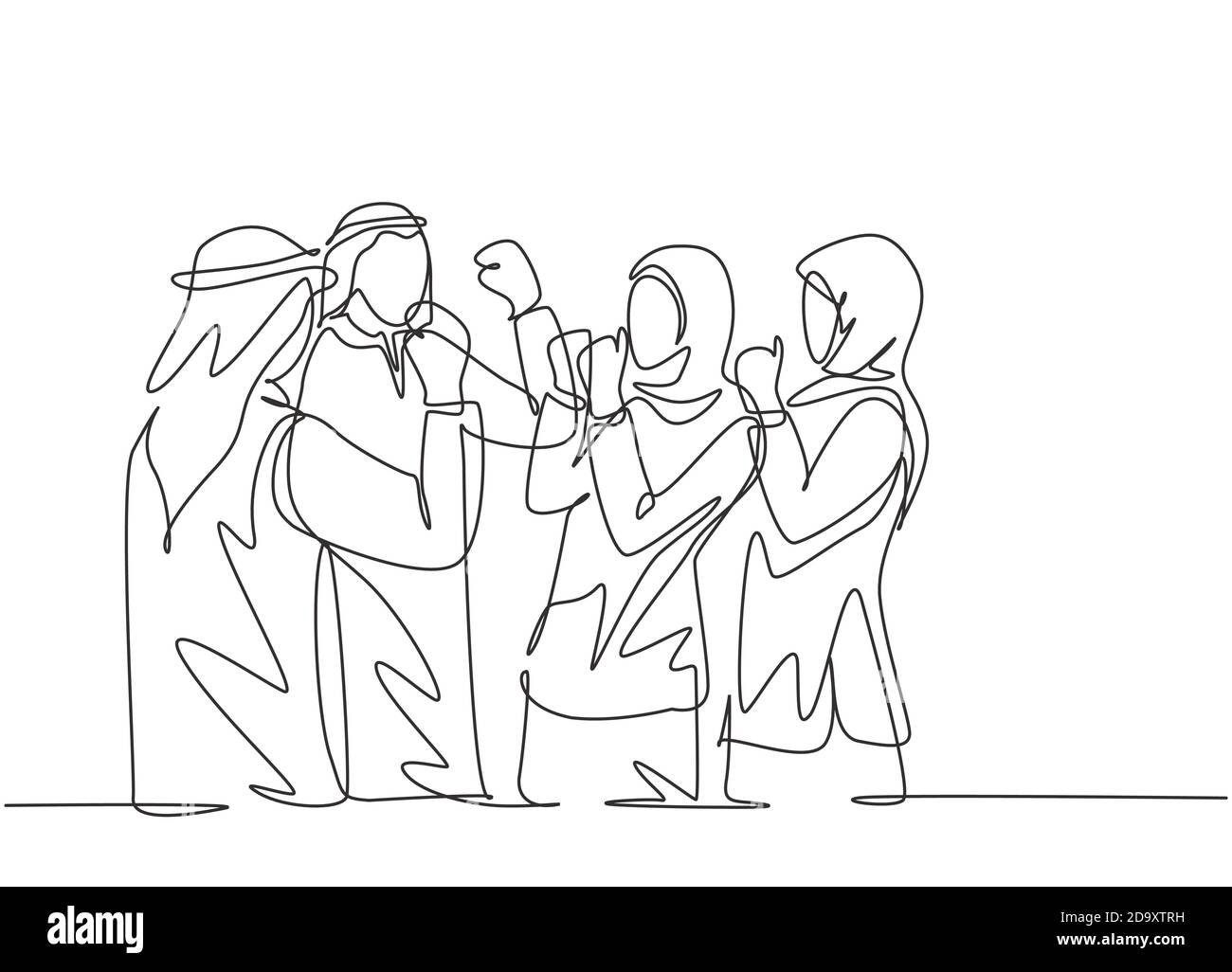 Single continuous line drawing of young muslim business people ...
