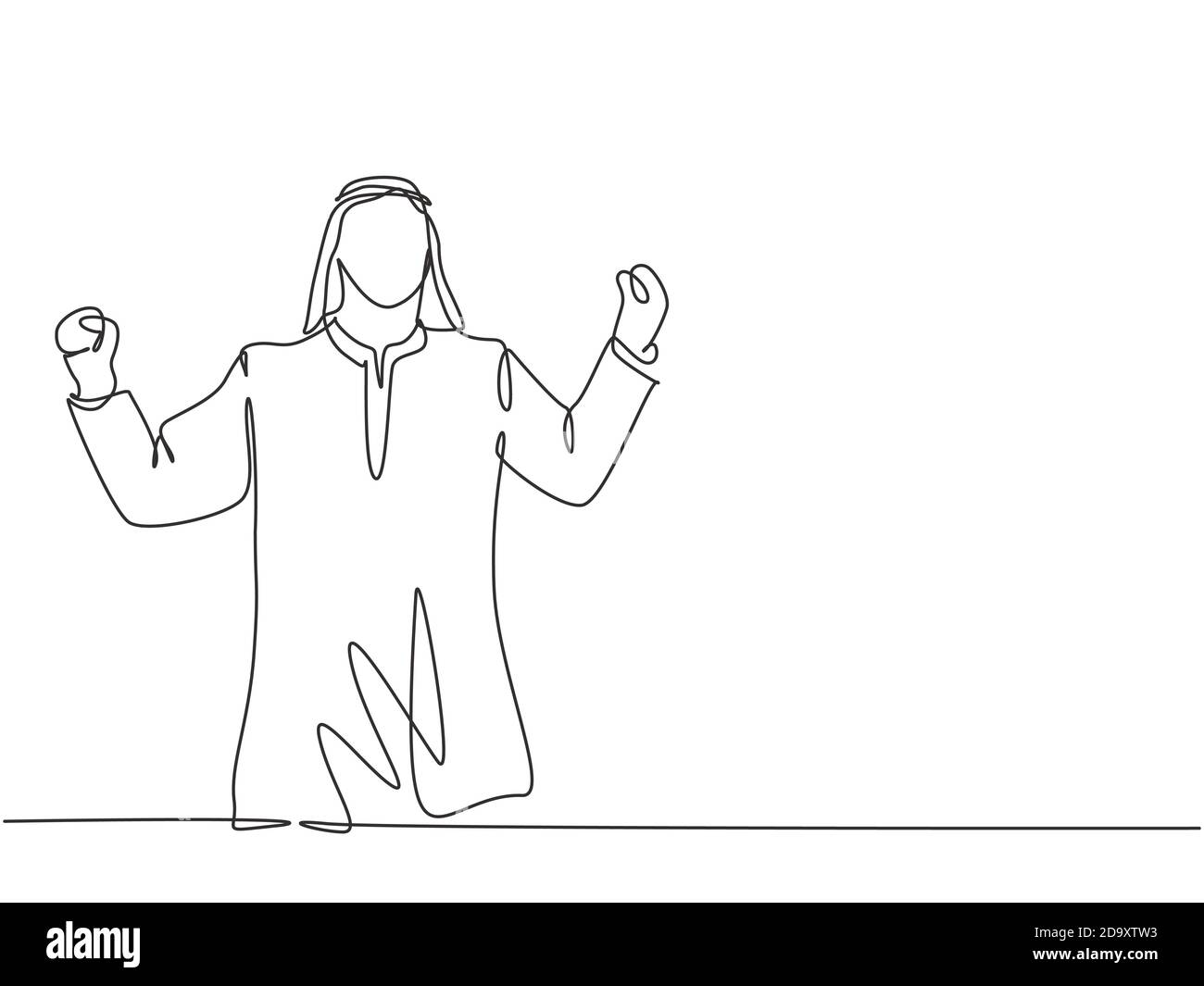 One single line drawing of young happy muslim junior manager raise ...