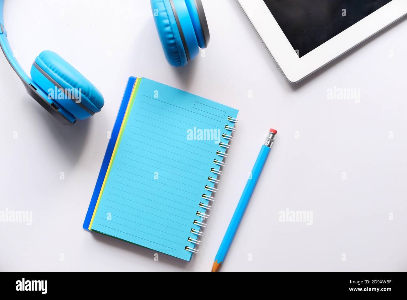 Audio book concept. Headphones and notepad on white background Stock ...