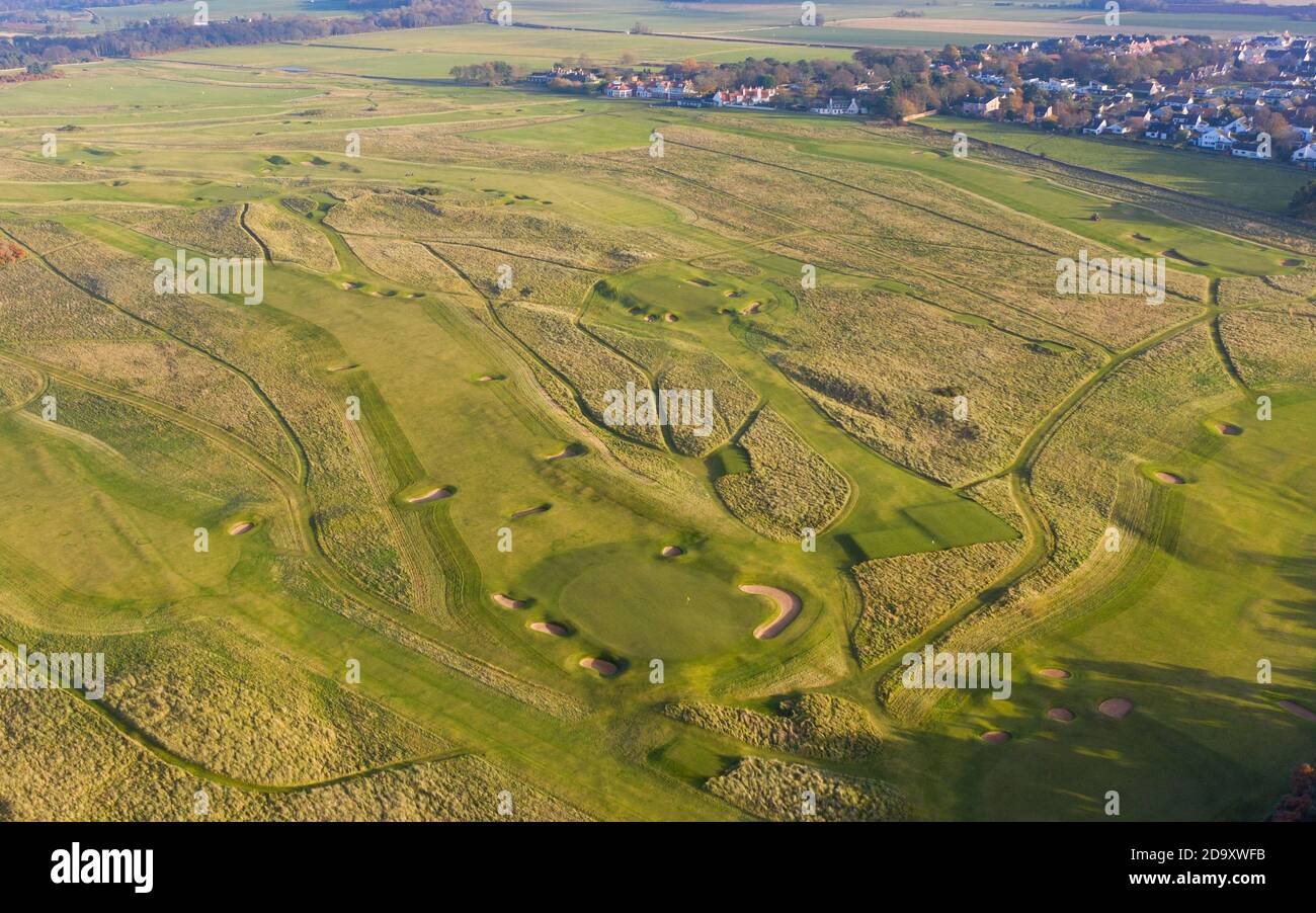 Aerial view of late winter light over Muirfield Golf course in Gullane ...