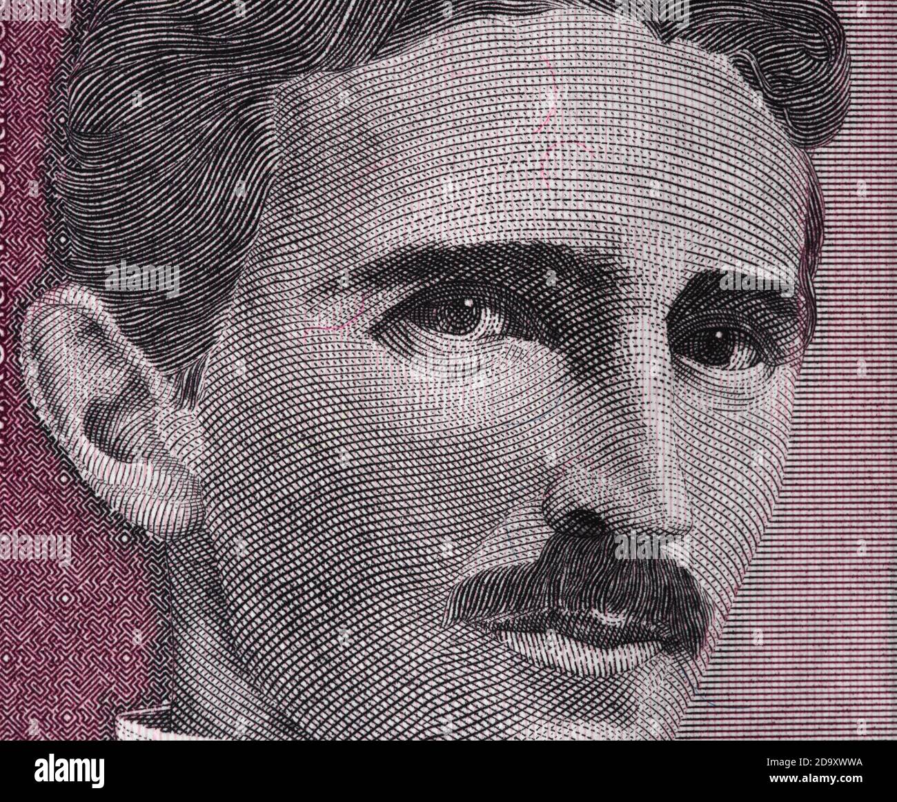 Nikola Tesla portrait on Yugoslavia 5 dinars(1994) banknote closeup ...