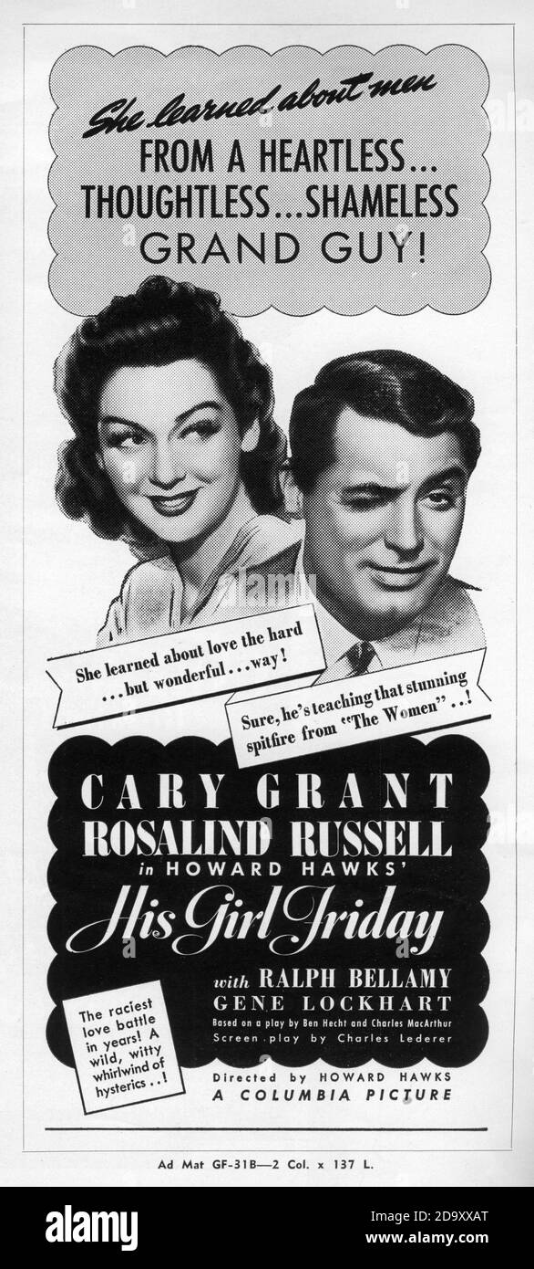 CARY GRANT and ROSALIND RUSSELL in HIS GIRL FRIDAY 1940 director HOWARD ...