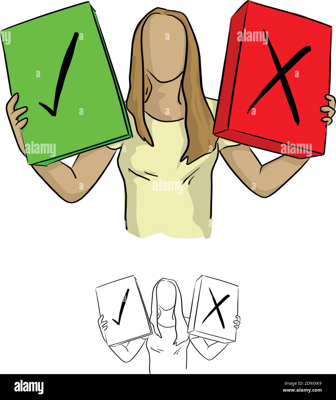 woman holding green check box and the red cross one vector illustration ...