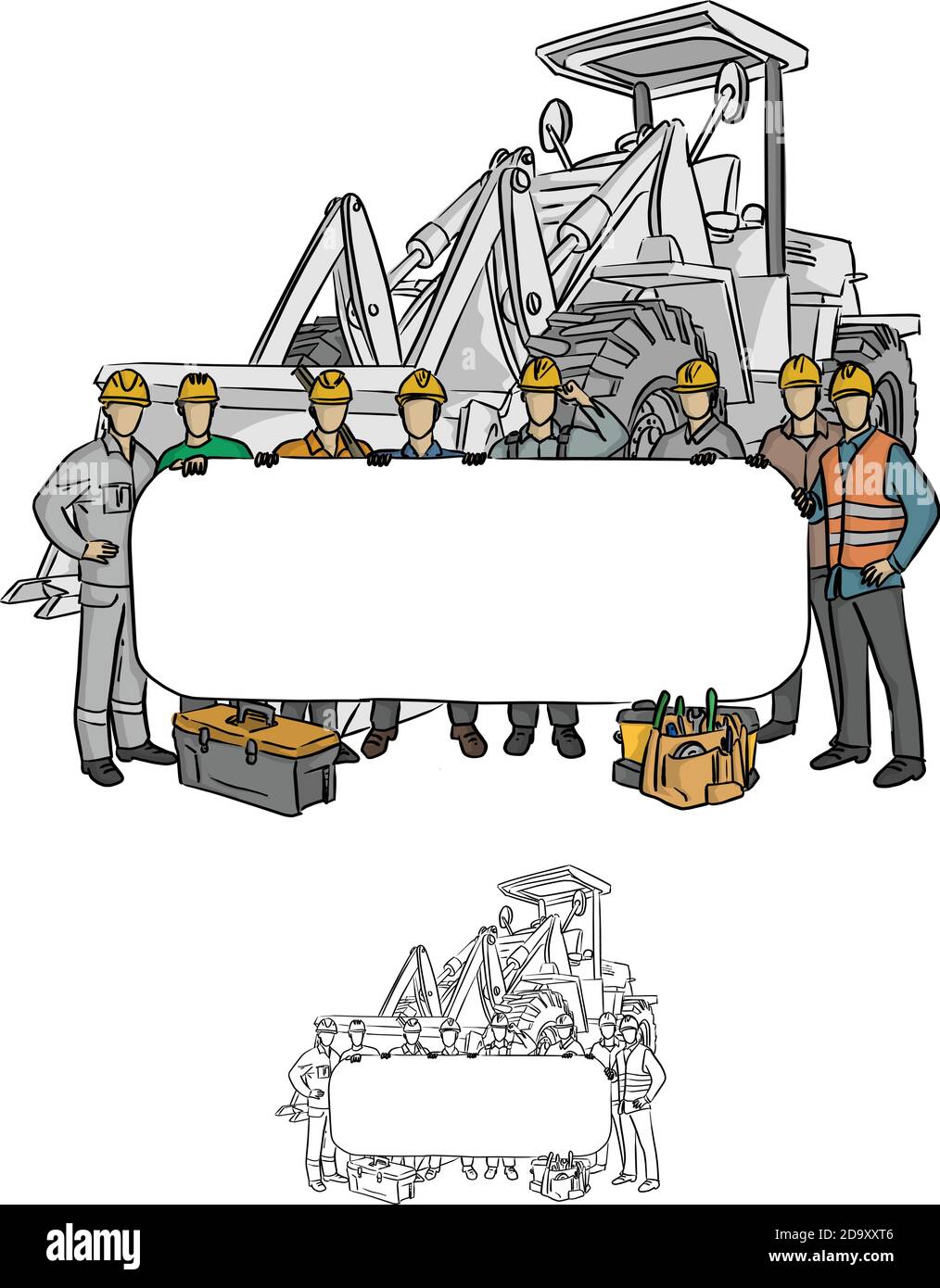 male construction worker holding blank billboard with gray excavator at ...