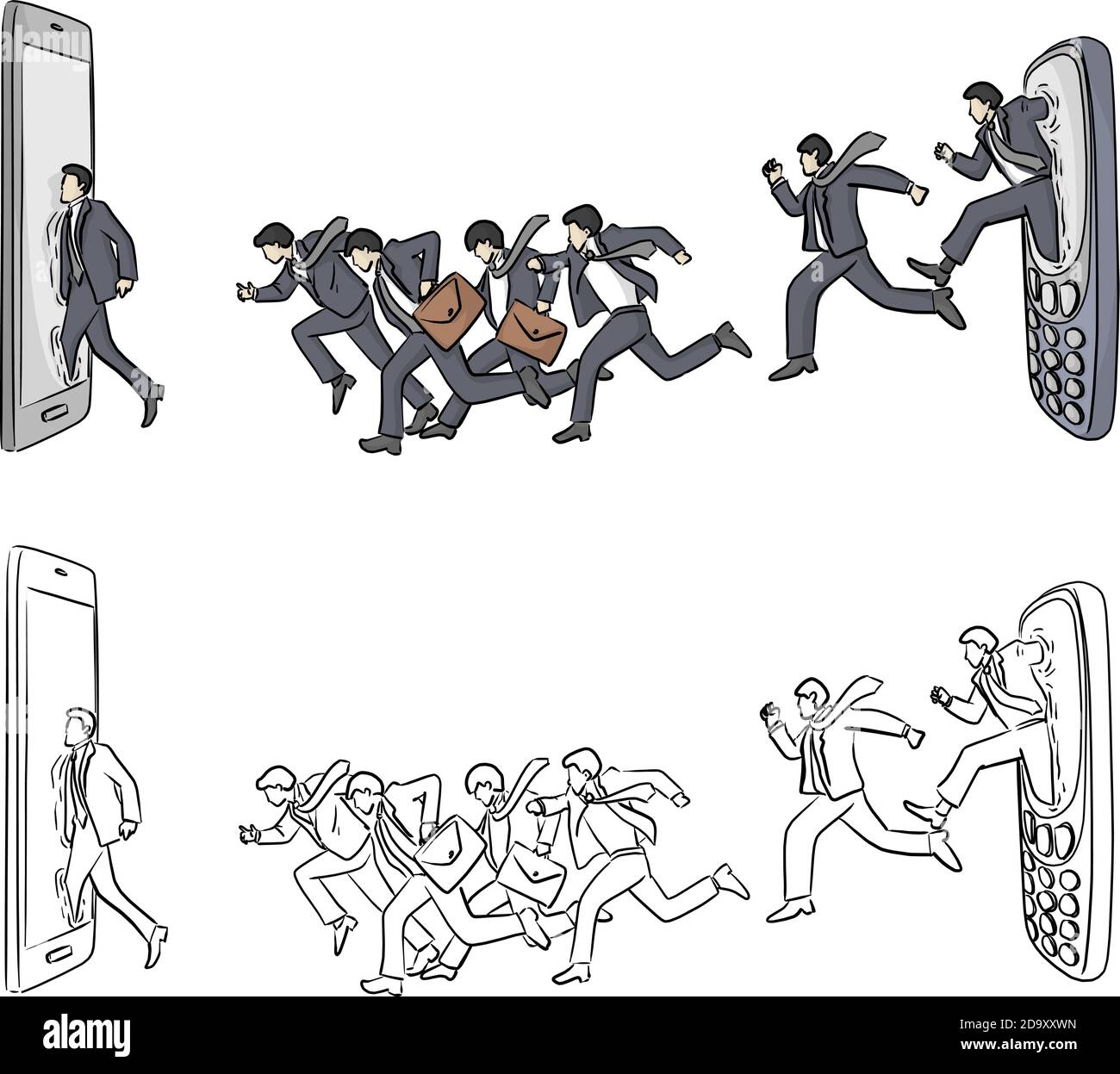 businessman running from old mobile phone to smartphone vector ...