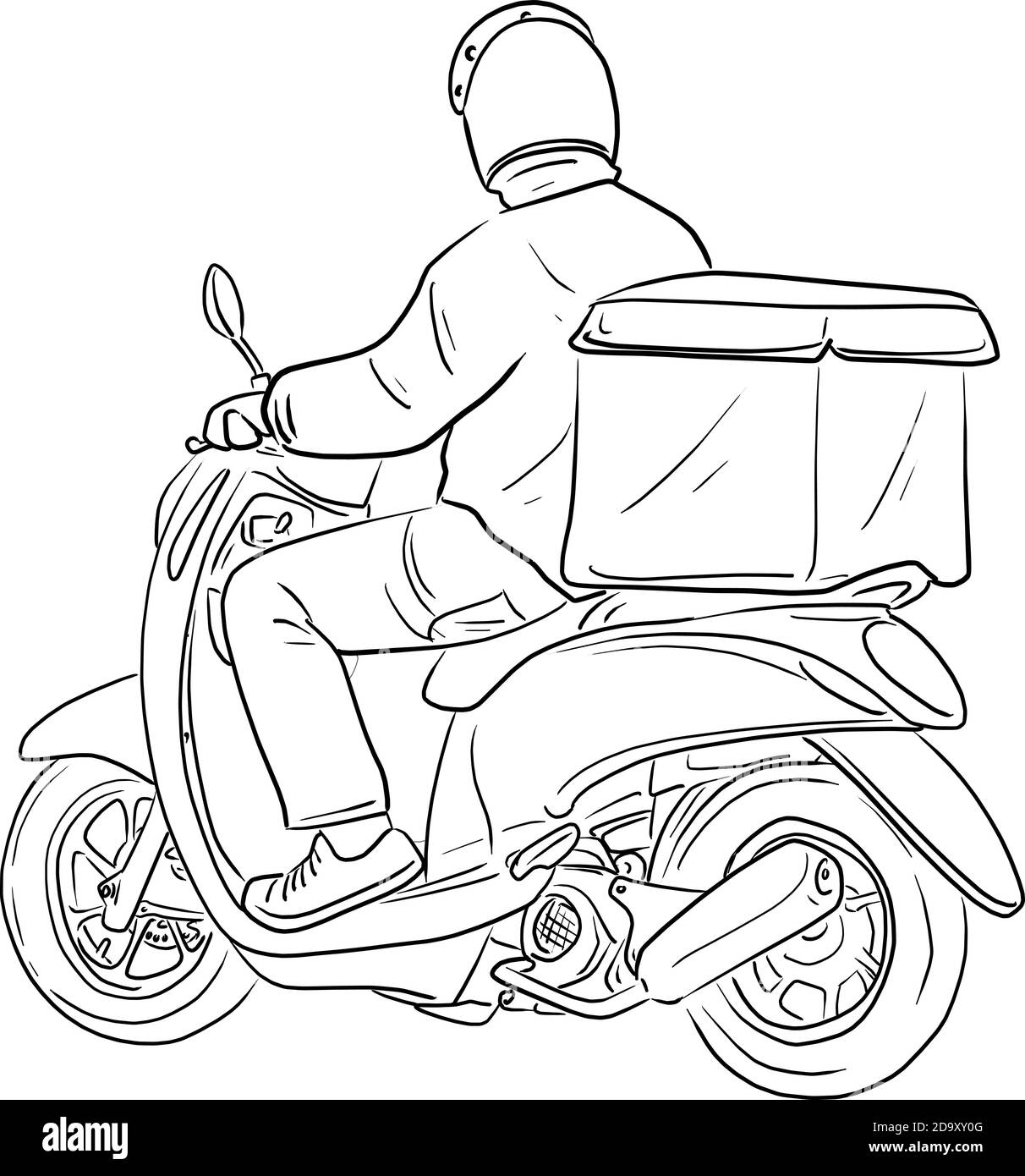 Delivery man riding motorcycle with box at the back vector illustration ...