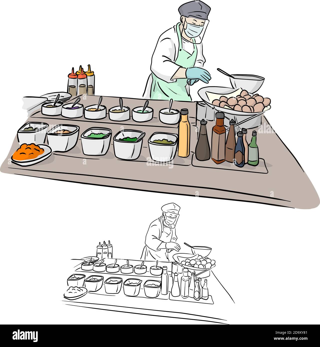 chef with face shield cooking food in restaurant vector illustration ...