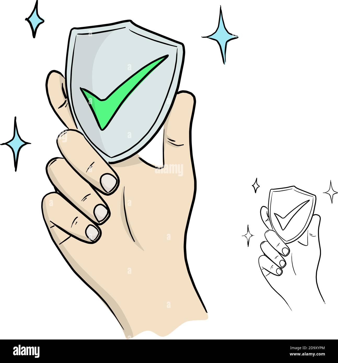 hand hold shield with green check mark vector illustration sketch ...