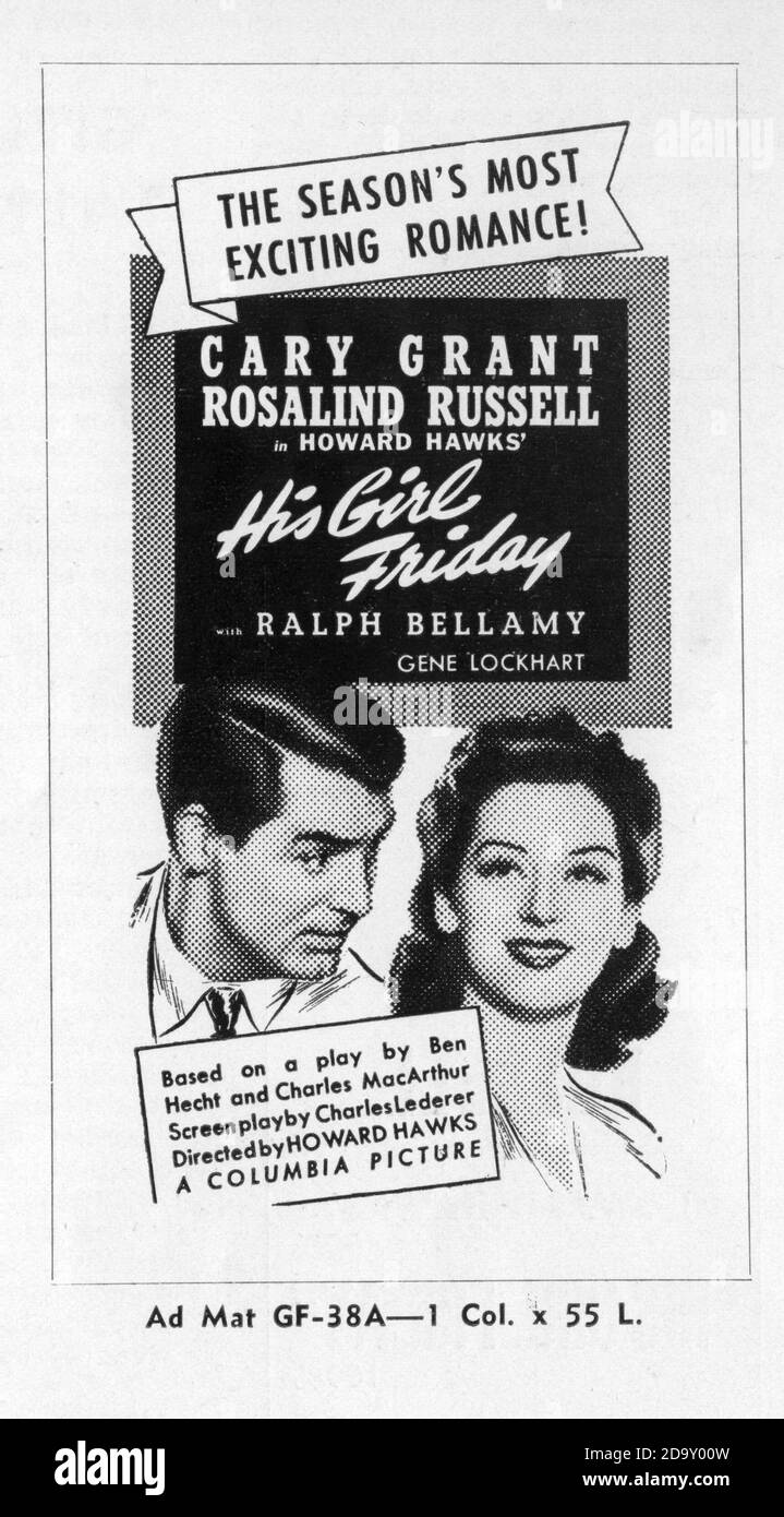 CARY GRANT and ROSALIND RUSSELL in HIS GIRL FRIDAY 1940 director HOWARD ...