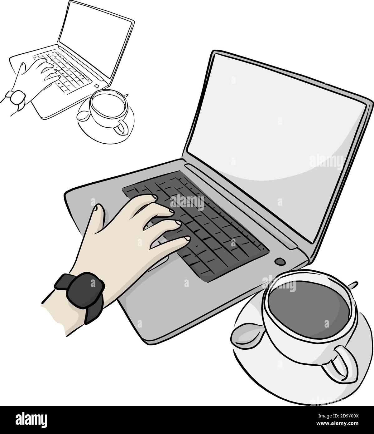 close-up right hand using laptop computer with coffee cup vector ...