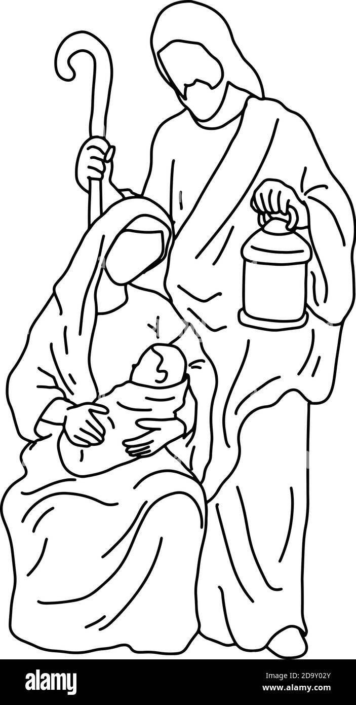 Christmas nativity scene of Joseph with cane and Mary holding baby ...