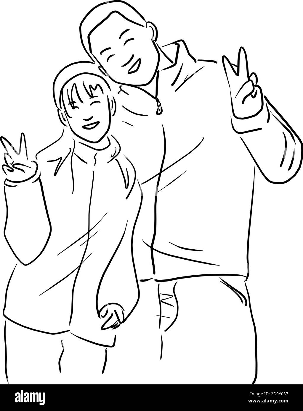 couple lover with hand victory sign vector illustration sketch doodle ...