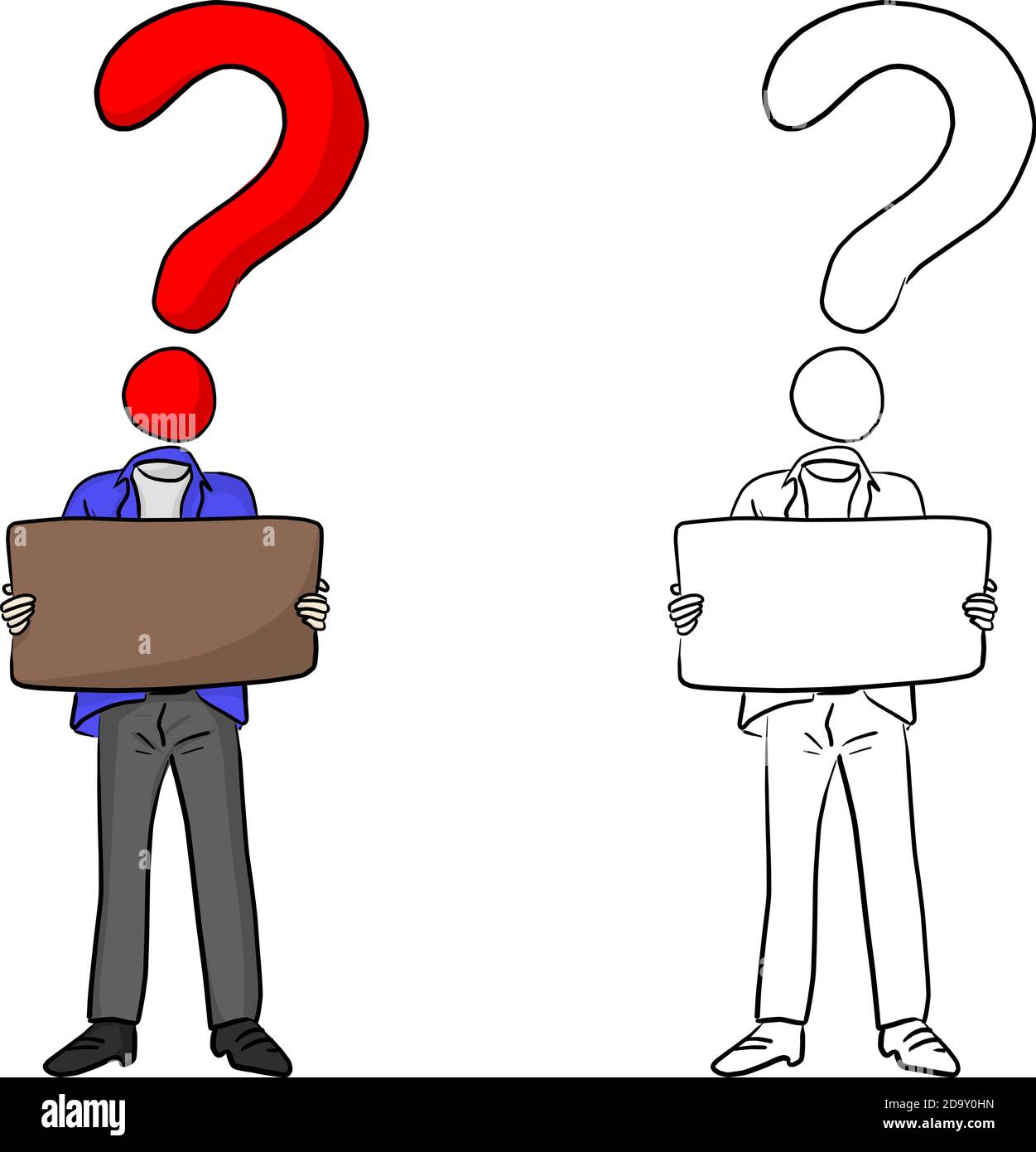 man with head of question mark holding brown blank sign vector ...