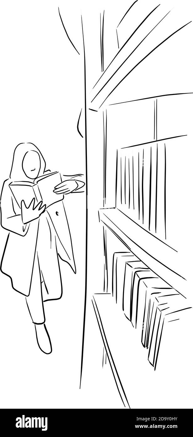 standing woman reading book in library vector illustration sketch ...