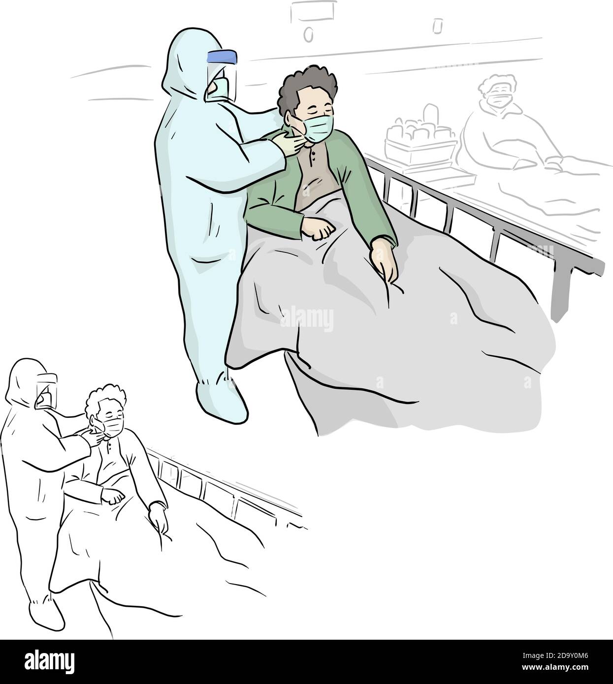 Doctor wearing PPE suit and Surgical mask and checking infected patient ...